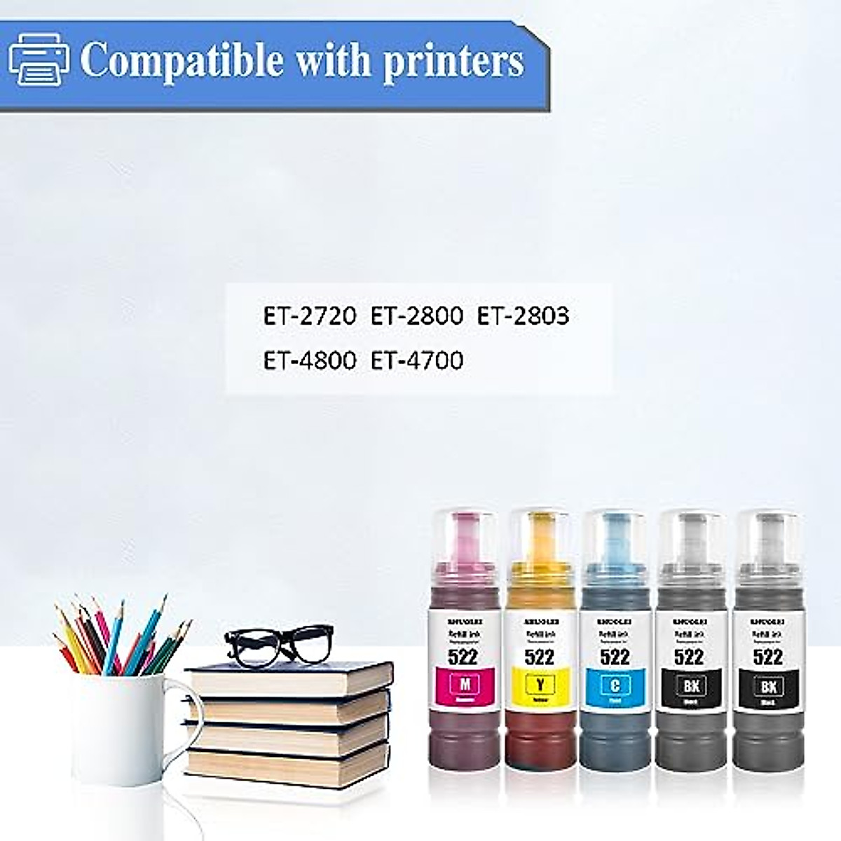 SHUOLEI T522 522 Compatible Ink Refill Bottles T522 522 Ink Bottle Refill Combo Work with EcoTank ET-2720 ET-2800 ET-2803 ET-4800 ET-4700 Printer (5 Packs, 2BK/C/M/Y)