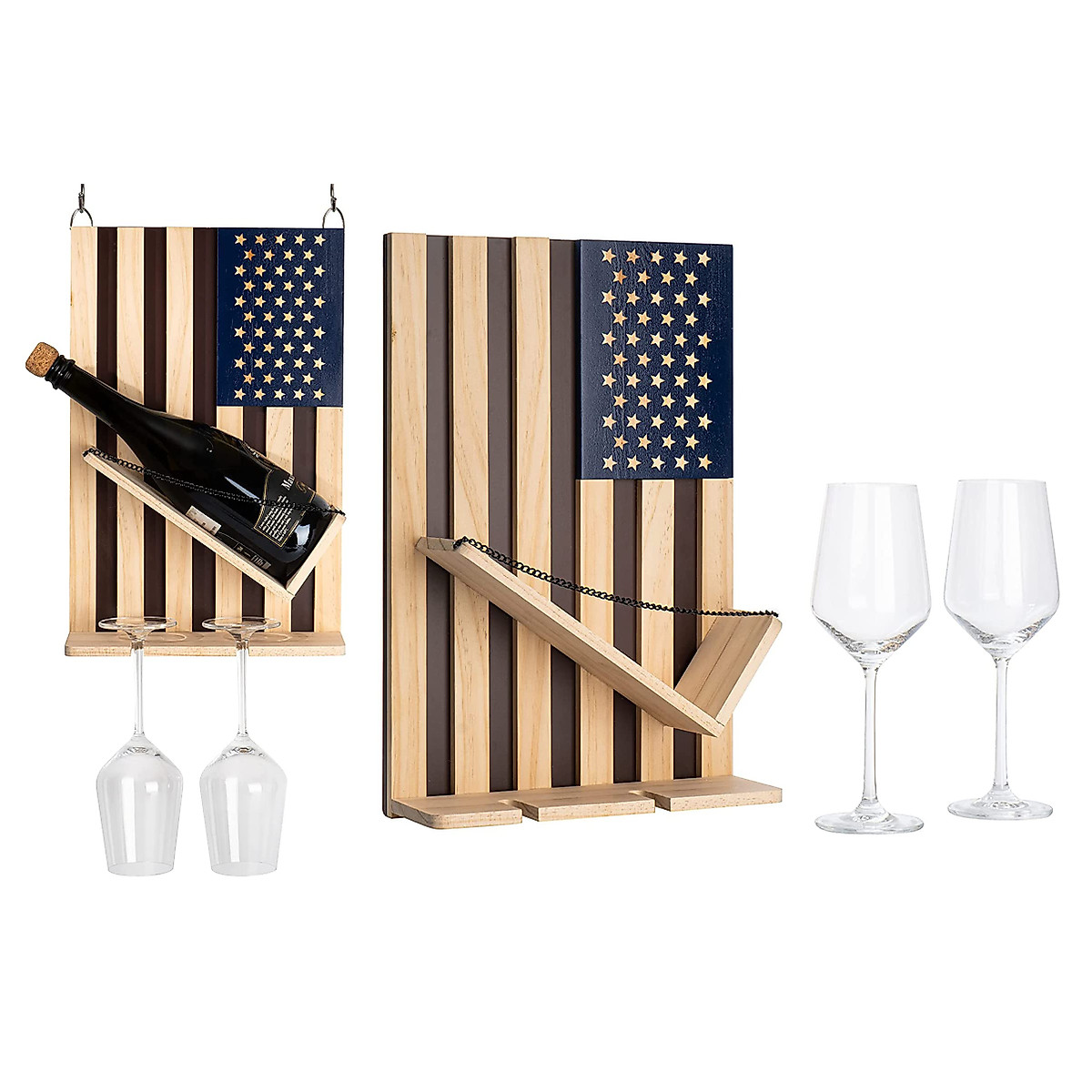 The Wine Savant American Flag Wall Mounted Wine Rack, Beautiful Wine & Bottle Holder & 2 Glasses Patriotic Home Decor - Storage Display Holder - Patriots, Veterans, Military 16" H - Gift Idea Gifts