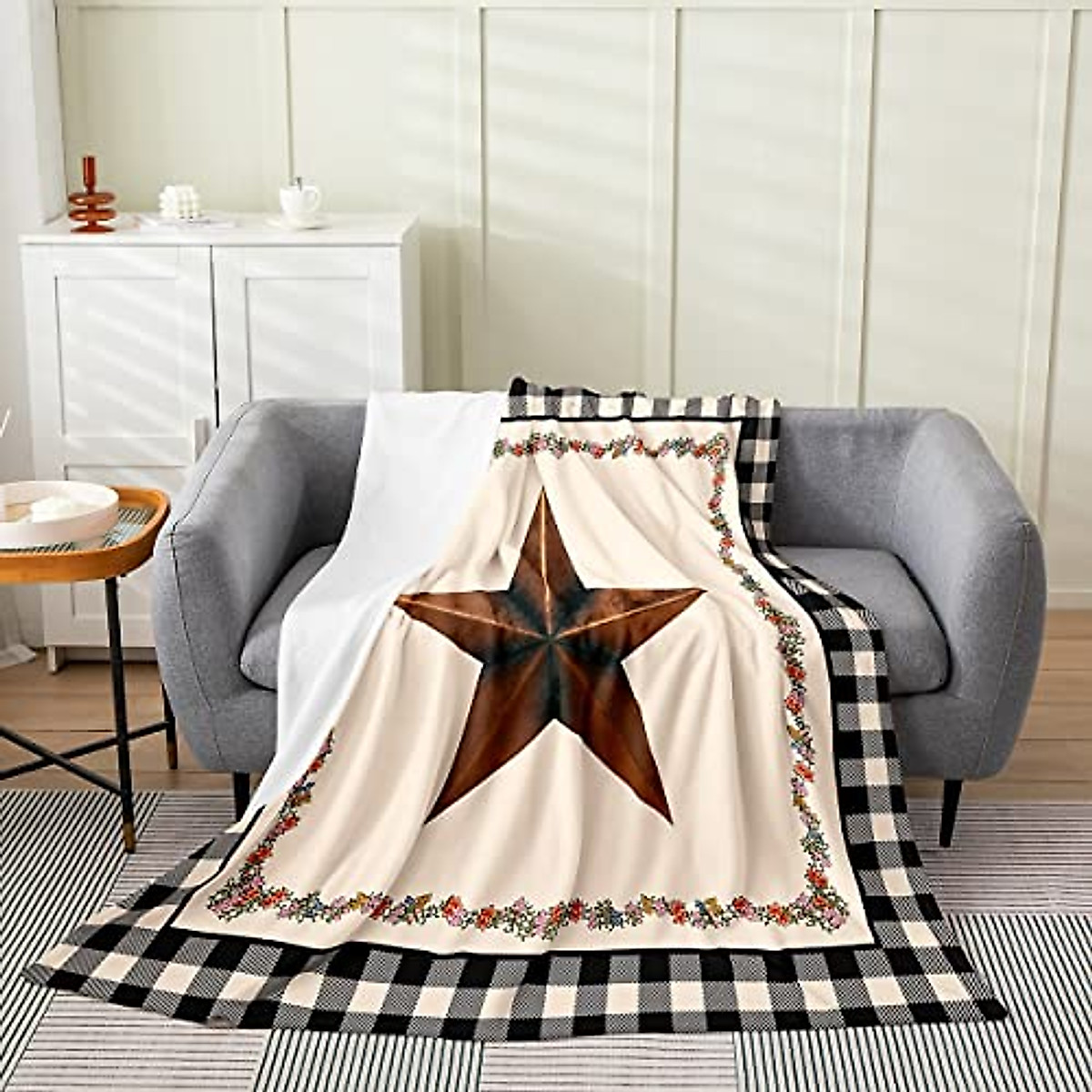 Brown Star Bed Blanket Watercolor Flower Rustic Style Fleece Blanket Warm Soft Black White Buffalo Plaid Flannel Blanket Bed Couch Sofa Living Room Decor,90"X90"