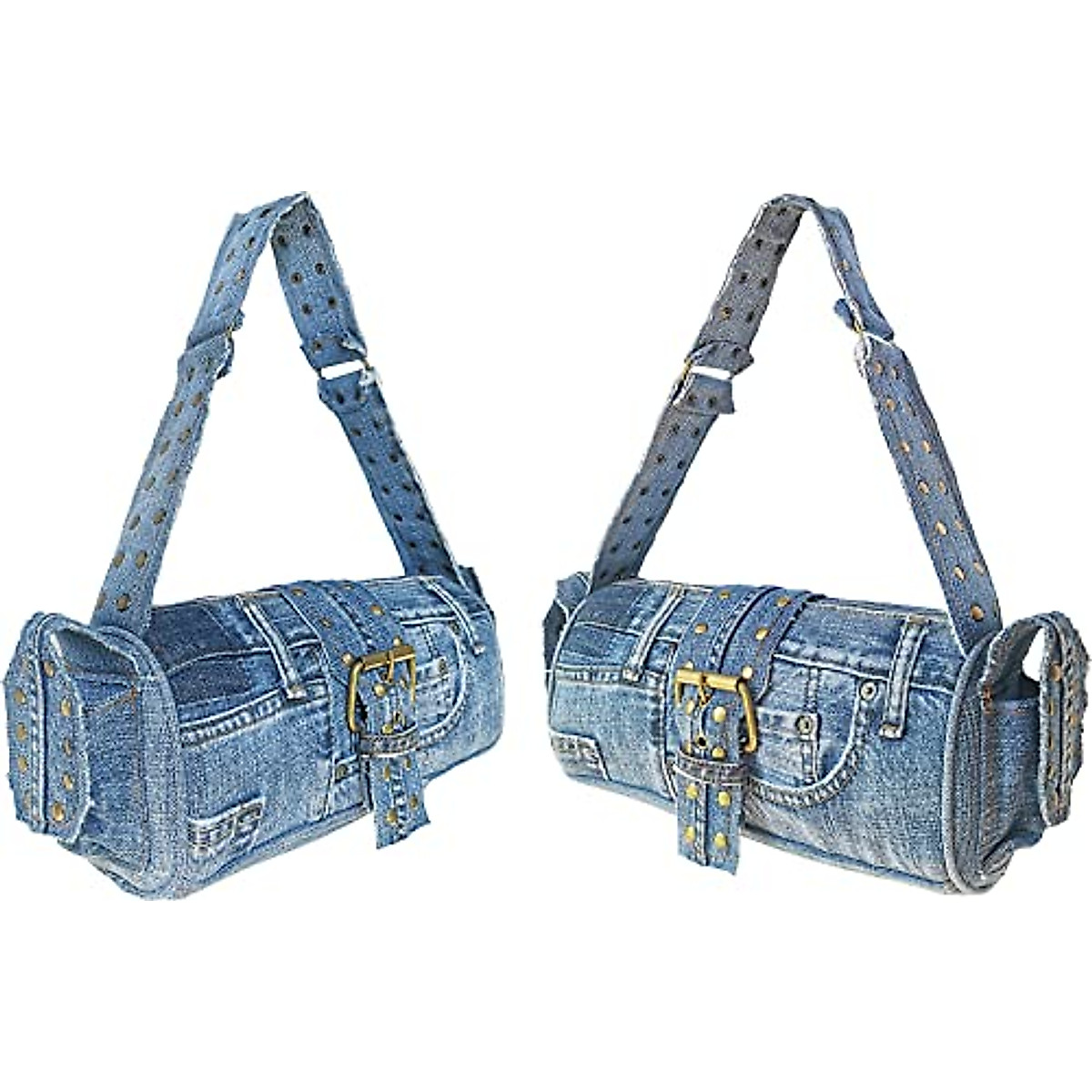 Bijoux De Ja Upcycling Blue Denim Jeans Punk Brass Rivet Studded Buckle Belt Decorative Barrel Shoulder Handle Handbag Purse