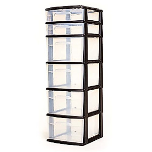 Homz Plastic 6 Clear Drawer Medium Home Storage Container Tower with 4 Large Drawers and 2 Small Drawers, Black Frame