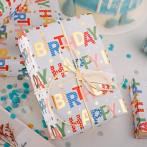 Merture Colorful Wrapping Paper Roll, Happy Birthday Gift Wrap - 17 In X 32.8 Ft - 1 Roll (46.5 sq.ft.ttl.) Foil Happy Birthday Lettering & Candles Wrapping Paper for Birthday, Baby Shower, Party