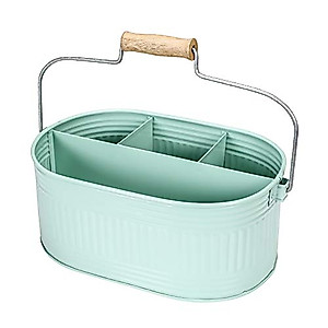Alpha Living Home Farmhouse Utensil Caddy Carry-All Serveware-Galvanized Metal Organizer for Kitchen Counter-Comfort Wooden Handle In/Outdoor Storage For Flatware,Condiments,Party Cutlery,Arts-TEAL