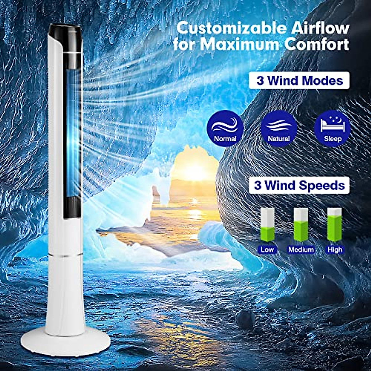 COSTWAY Tower Fan with Remote Control, Portable 47.5-Inch Standing Floor Fan with 80˚ Oscillating, 15H Timer, 3 Modes and 3 Speeds, Quiet Bladeless Fan for Bedroom Living Room Office, White