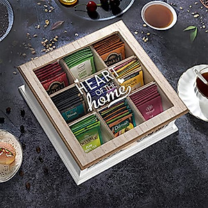 handrong Tea Box for Tea Bag Organizer Wooden Tea Bag Holder Tea Chest with 9 Compartments and Glass Cover for Home Tea Parties and Gift