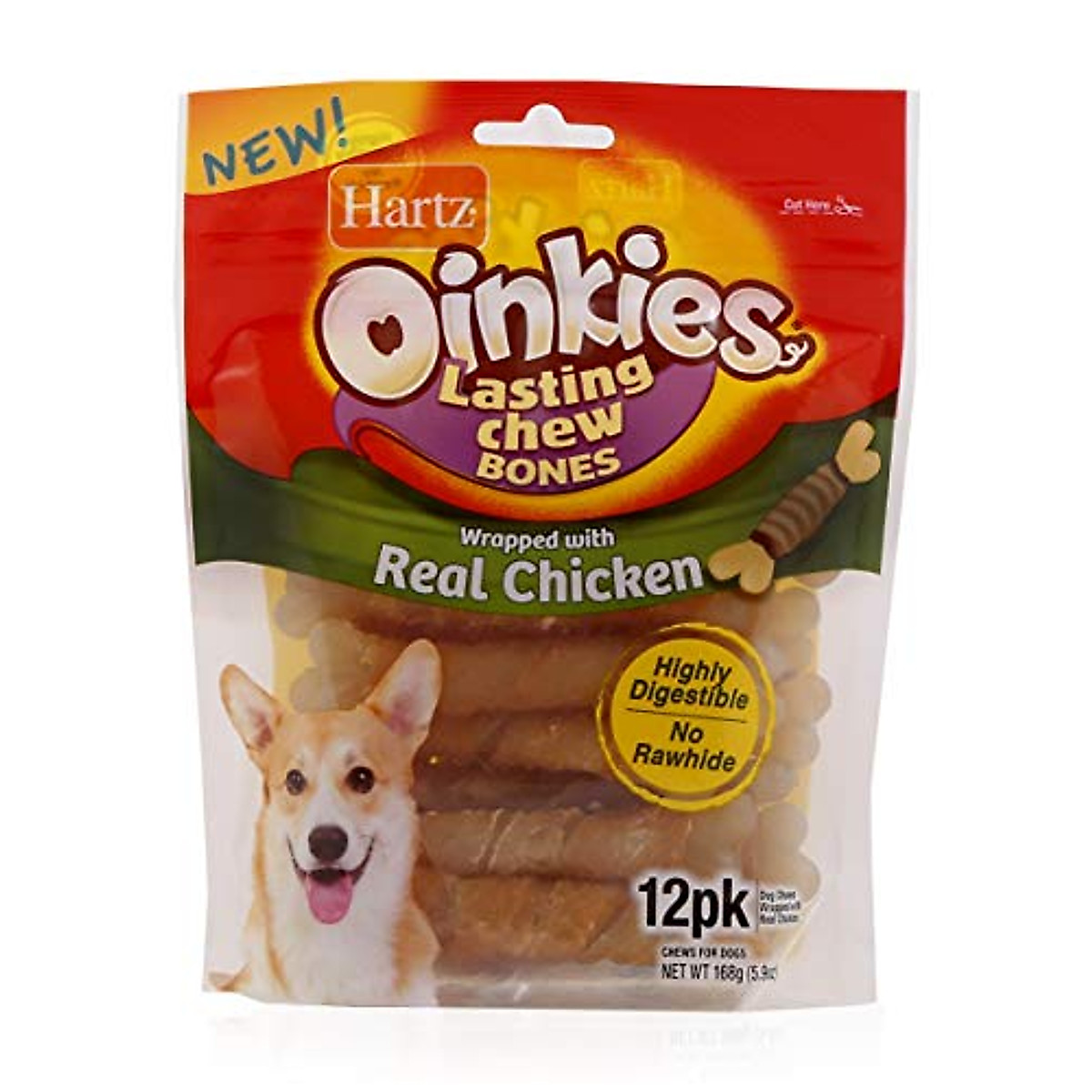 Hartz Oinkies Rawhide-Free Chicken-Wrapped Lasting Chew Bone Dog Treats, 12 Count, Highly Digestible, No Artificial Flavors or Colors