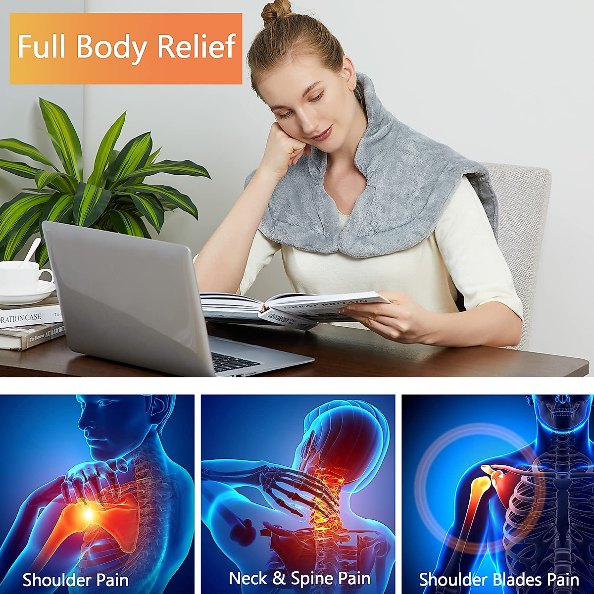 CAROMIO Large Heating Pad for Neck and Shoulders Back Pain Relief, Weighted Electric Heating Pads with Auto Shut Off, Full Body Back Heat Pad, Fast Heating and 4 Heat Settings (Grey, 33"x22")