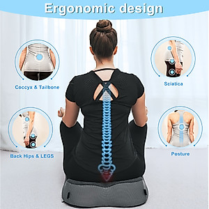 Elviros Chair Cushions, Adjustable Memory Foam Seat Cushion for Coccyx, Back, Tailbone, Sciatic Pain Relief, Non-Slip Chair Pads for Office, Car, Wheelchair, Gaming Chair (Black, Medium Soft)