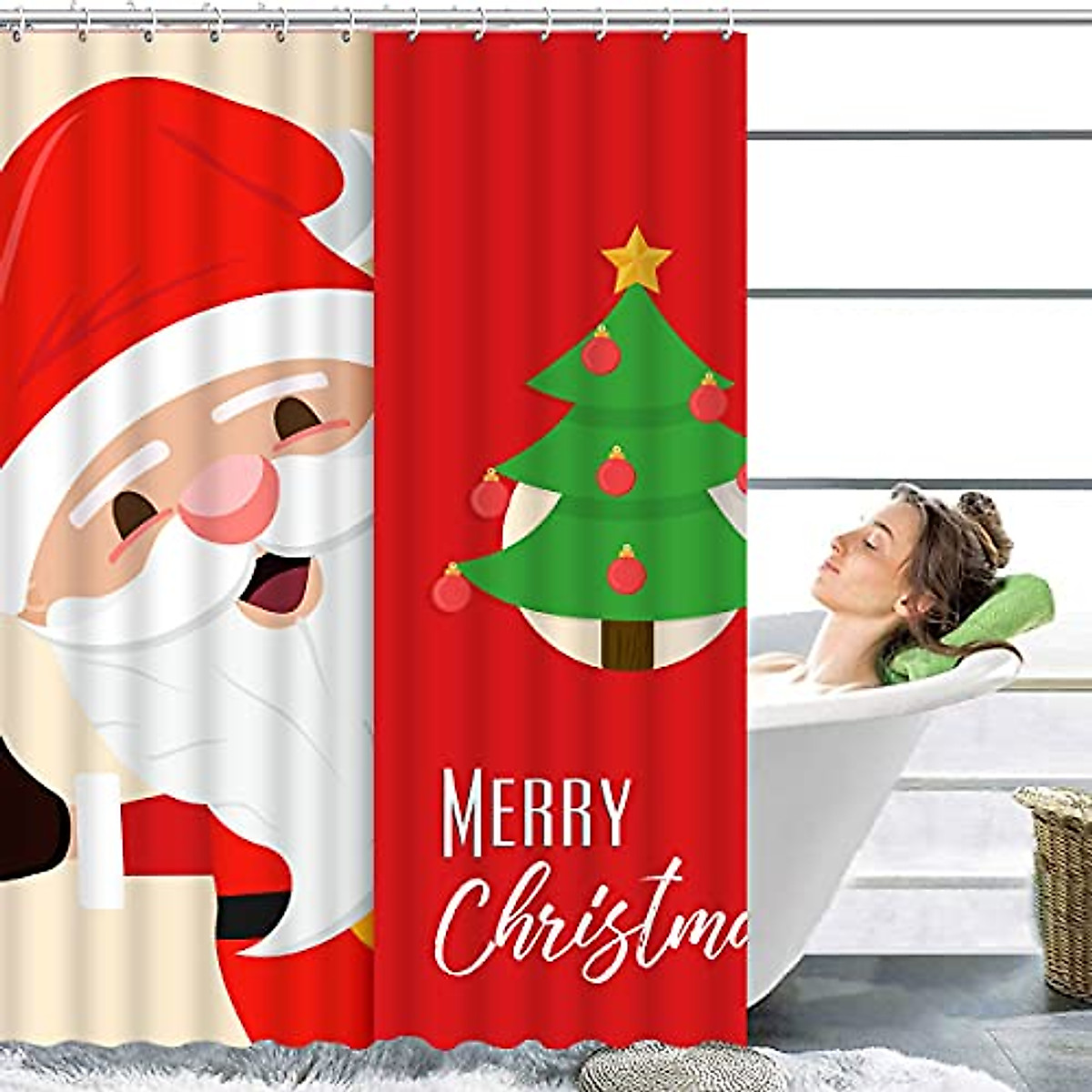 Britimes Christmas Shower Curtain 4 Pcs Sets, Non-Slip Rug, Bath Mat and Toilet Lid Cover, Santa Claus Bathroom Decor with 12 Hooks