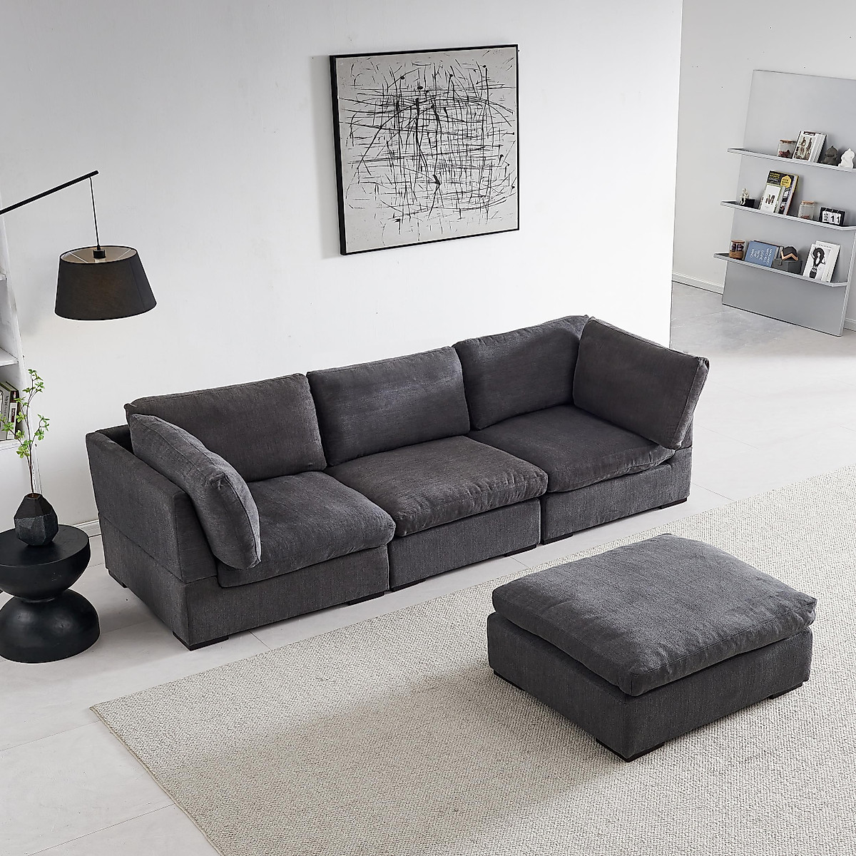 99" Modular Cloud Sectional Sofa W/Down Feather Filled & Reversible Lounge Chaise, L-Shaped Corner Couch Deep Seat with Movable Ottoman for Home Apartment Living Room Hotel Lobby, Dark Gray