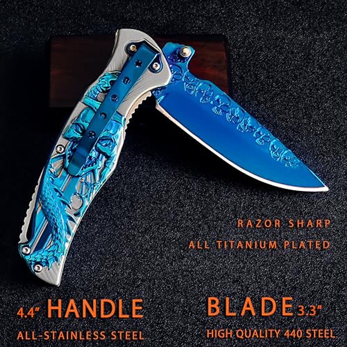 MADSMAUG SKULL Pocket Knife, Cool Pocket Folding Knife with 3D TITANIUM-PLATED SKULL Patterns, Great Christmas Gift EDC knife For Men Outdoor Survival Camping(Blue)