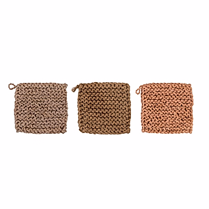 Bloomingville Square Jute Crocheted, 3 Colors Pot Holders, 8" L x 8" W x 0" H, Brown