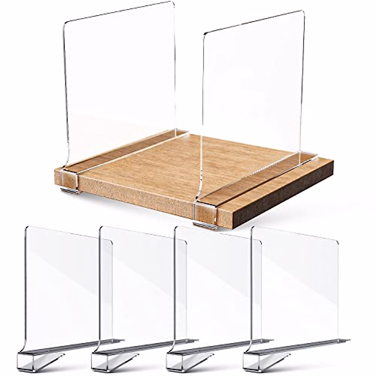 Tidy Friend Clear Acrylic Shelf Dividers for Closet Organization - Durable Closet Shelf Divider, Book Shelf or Pantry Shelf Divider for Wood Shelves - Pack of 4 Space Saving Shelf Organizers