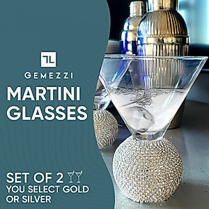 GEMEZZI Stemless Martini Glasses Set of 2, Silver Stemless Modern Cocktail Glass, Crystal Ball Base in Elegant Box, Perfect Bar Accessories for Margarita, Manhattan, Cosmos, Mixed Drinks, and Desserts