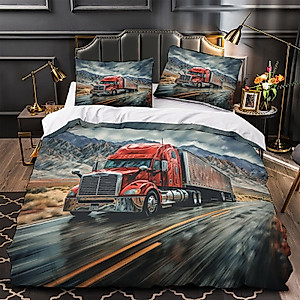 AAHARYA Red Semi-Trailer Quilt Cover 3D Printed Big Truck Bedding Set Comforter Covers Duvet Cover 3 Pieces with Pillowcases for Childrens and Adults Microfiber with Zipper Closure Twin（173x218cm）