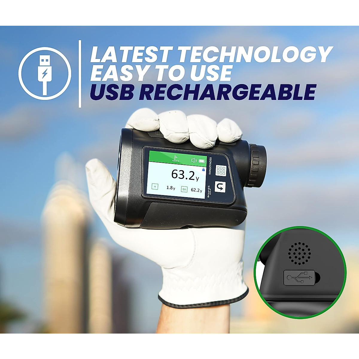 BAMAES Golf Rangefinder with Slope and HD Touchscreen - 650 Yard Range 6X Magnification - Flag Lock & Vibration - USB Rechargeable - Memory Storage - Voice Broadcasting - Professional Distance Finder