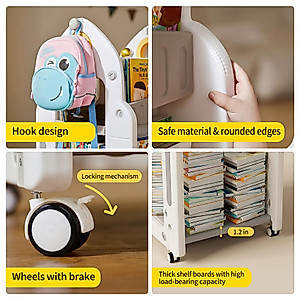 UNICOO Kids Rocket Toy & Bookshelf Storage Organizer, 3-Tier Plastic Rolling Cart, Side & Middle Shelves, Children's Bookshelf with Wheels for Playroom, Classroom, Nursery (White & Grey)