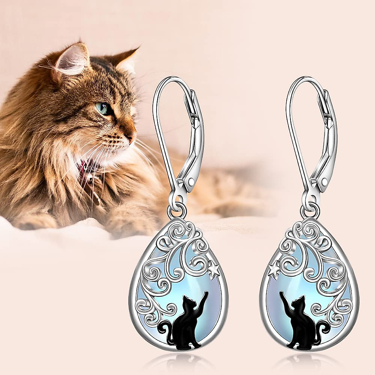 Cat Earrings Moonstone Filigree Earrings for Women Sterling Silver Teardrop Moonstone Black Cat Earring Dangle Cats Jewelry Cute Valentines Christmas Gifts