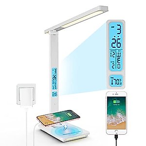 LED Desk Lamp with Wireless Charger, USB Charging Port, Desk Lamps for Home Office with 2 Night Lights & 5 Color Modes & 5 Brightness, Touch Control Desk Light with Clock, Alarm, Date, Temperature