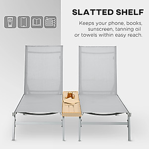 Outsunny Chaise Lounge Pool Chairs Set of 2, Aluminum Outdoor Sun Tanning Chairs with Five-Position Reclining Back, Shelf & Breathable Mesh for Beach, Yard, Patio, Light Gray