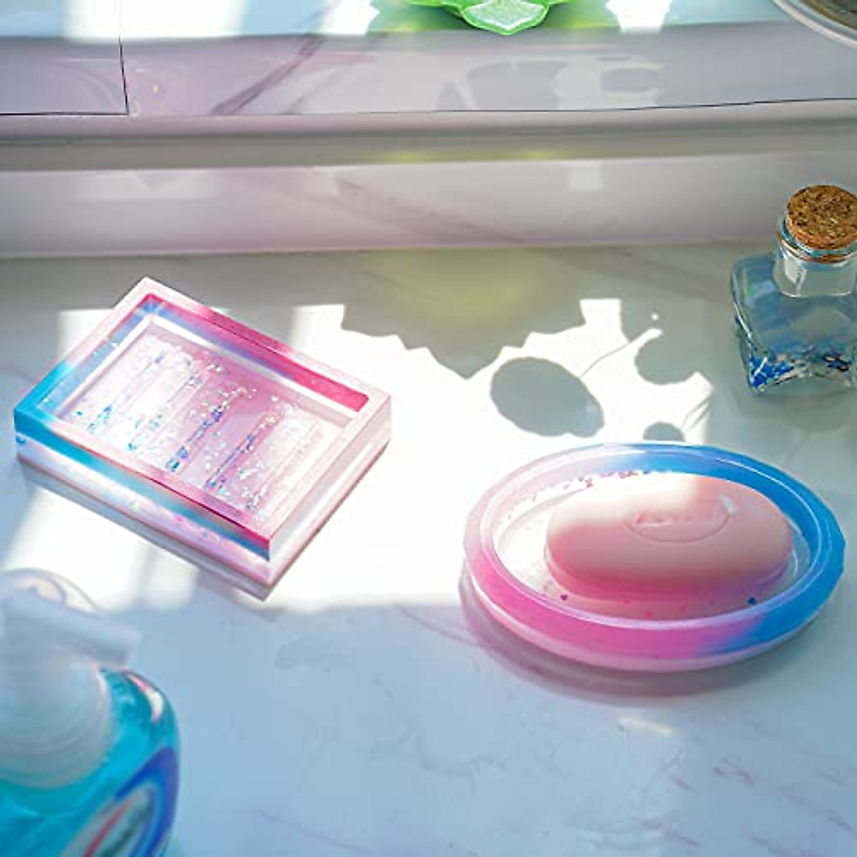 NiArt 2-Pack Faceted Oval & Rectangle Soap Dish Epoxy Resin Silicone Mold+Star Sequins Kit, Ring Dish Jewelry Tray Ashtray Candle Holder Storage Box DIY Casting Art Craft Agate Home Decoration Gift