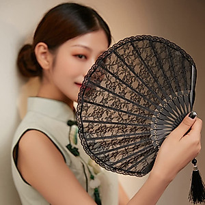 ZAEGO Chinese Fan Black Embroidery Shell-shaped Lace Cheongsam Folding Fan Dance Ancient Style Small Round Fan Japanese Fan