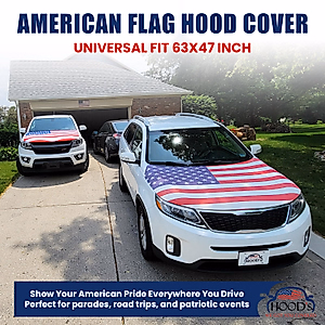 Hood's Flags] American Flag Car Hood Cover 63"x47" (120x160cm) - Universal Fit for Trucks, Car, SUV, or Van. Polyester Spandex Material, Weather-Resistant with Secure Fasteners