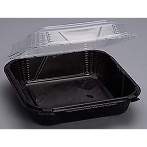 Genpak PV240 | Polypropylene Medium 8" Black Base, Clear Lid Hinged Take-Out Container | Recyclable, Reusable, Microwave Safe | BPA Free & Made in the USA | 8" x 8" x 3", Case Count 150