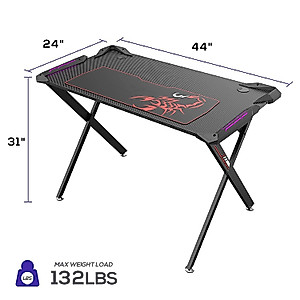 It's_Organized LED Light Computer Desk,44 X 24 Inches RGB Gaming Desk,Home Office Study Writing Tables Desk with Free Mouse Pad,Handle Rack,Cup Holder, Headphone Hook