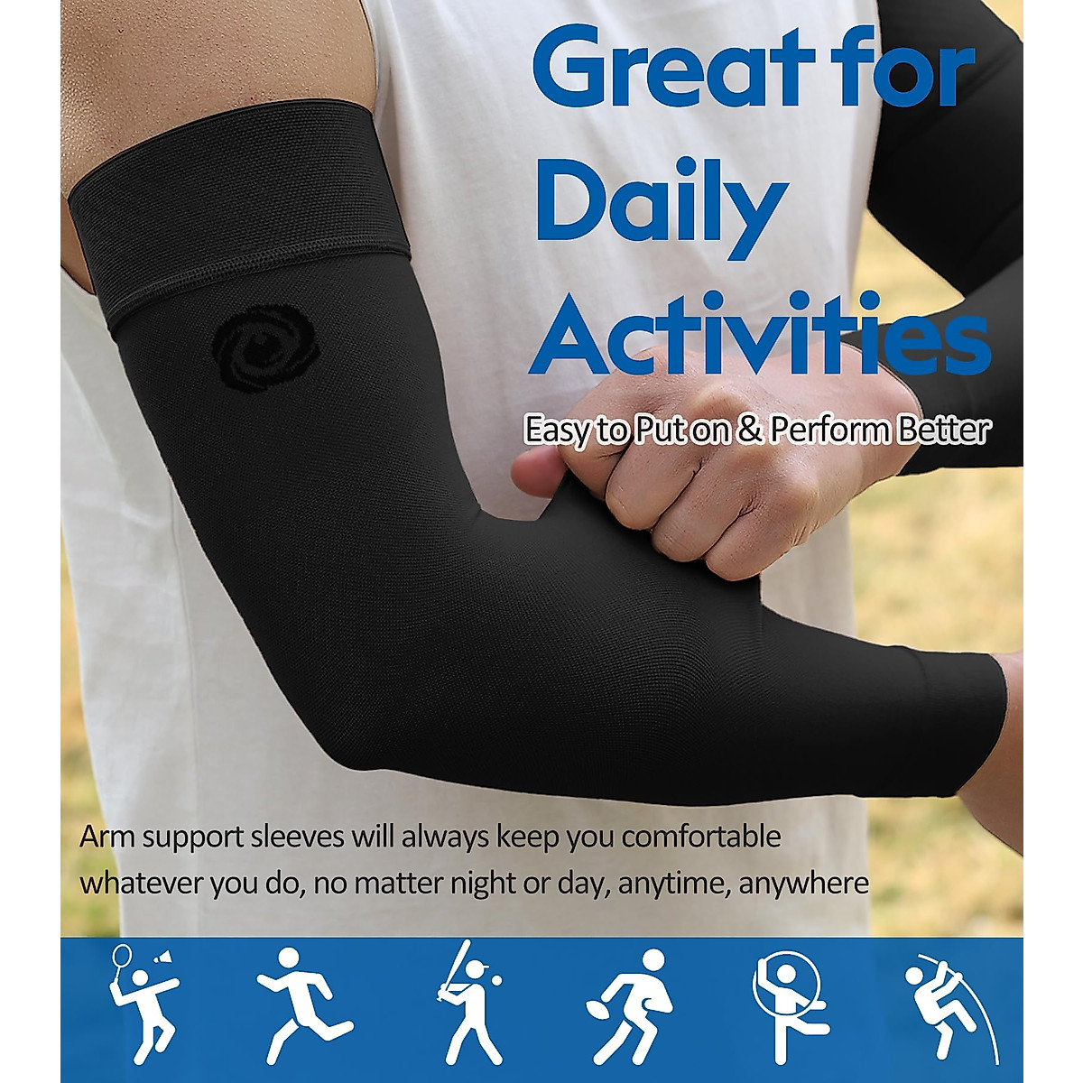 NURCOM® Medical Compression Arm Sleeve for Men Women, 2 Pack, 20-30mmHg with Silicone Band for Lymphedema, Lipedema, Pain Relief, Edema, Swelling, Post Surgery Recovery, Black M