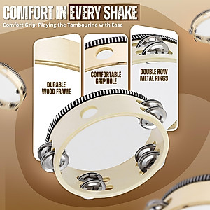 Flexzion Wood Handheld Tambourine Adults 6-Inch Double Row 8-Pair Jingles (Wood) - Percussion Round Tamborines Musical Instrument with Metal Zills