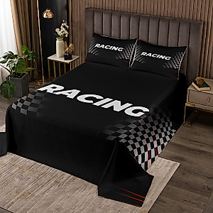 Racing Theme Lightweight Quilt Set for Kids Teens,Checkered Flag Bedspread Coverlet,Race Car Bed Cover Black and White Bedding Set Decorative Quilted 2 Piece Coverlet Set with 1 Pillow Sham,Twin Size