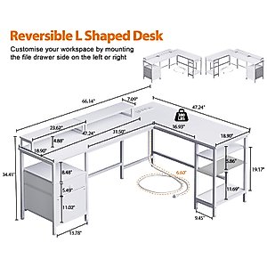 Furologee White 66” L Shaped Desk with Power Outlet, Reversible Computer Desk with File Drawer & 2 Monitor Stands, Home Office Desk with Storage Shelves, Corner Desk for Gaming Writing