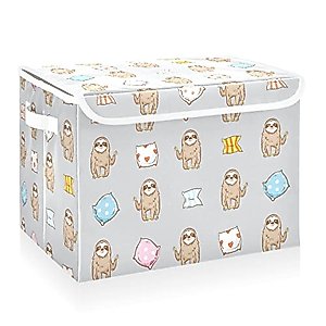 CaTaKu Funny Sloth Gray Storage Bins with Lids Fabric Large Storage Container Cube Basket with Handle Decorative Storage Boxes for Organizing Clothes Shelves