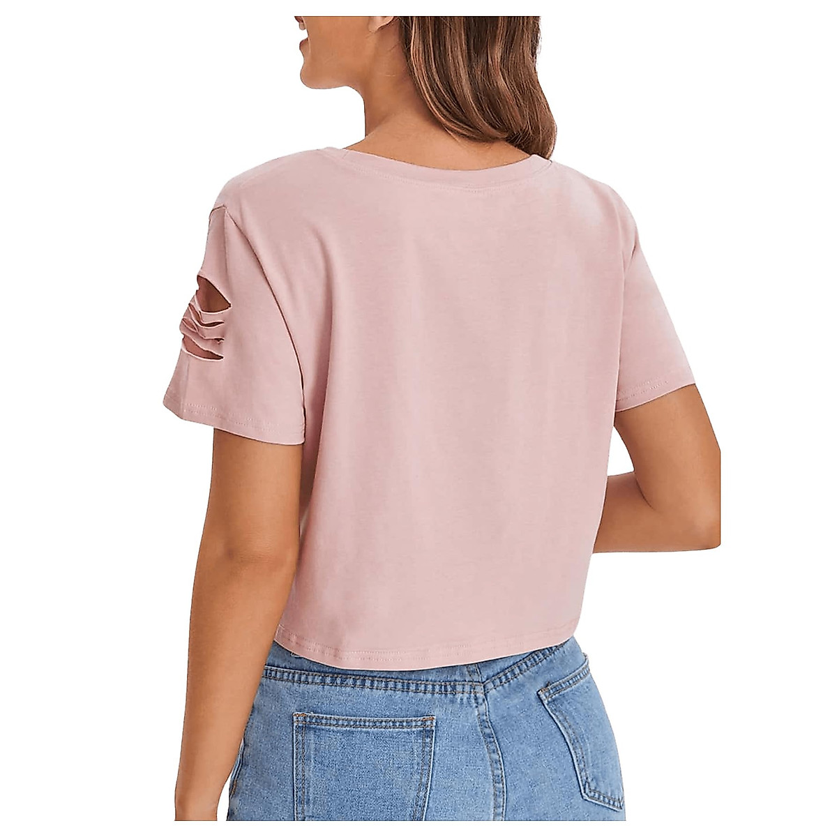 SweatyRocks Women's Short Sleeve T Shirt Graphic Print Distressed Crop Top Gesture Light Pink Small