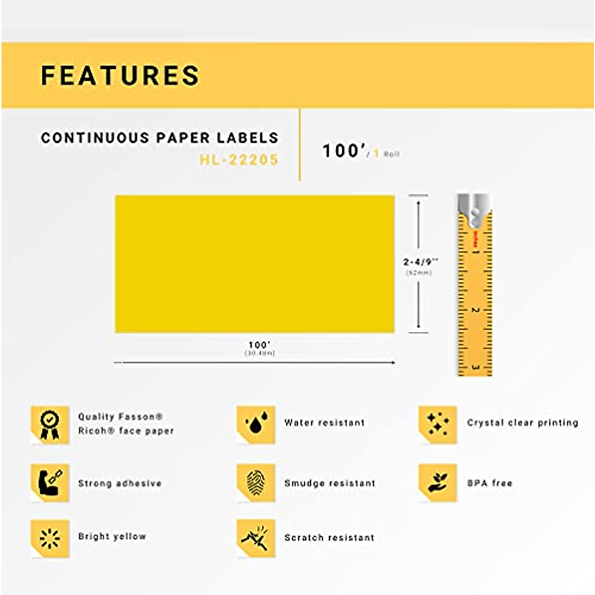 HOUSELABELS Compatible with DK-2205 Replacement Roll for Brother QL Label Printers; Yellow Continuous Length Labels; 2-4/9" x 100 feet (62mm*30.48m) with 1 Reusable Cartridge - 5 Rolls