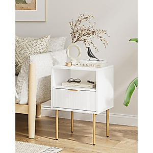 Aienvey Nightstand, Drawer Night Stand for Bedroom, Small Side Table with Drawer, Bedside Furniture, End Table with Gold Frame for Bedroom, Living Room (White Stripe, 1 Drawer)