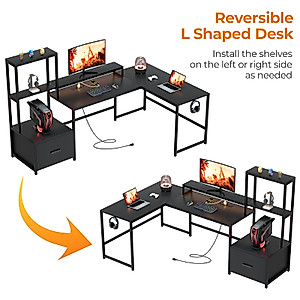GreenForest 70" L Shaped Desk with Power Outlets & Printer Shelf,Reversible Computer Desk with Drawer & Monitor Stand,Home Office Gaming Desk with Storage Space,Black