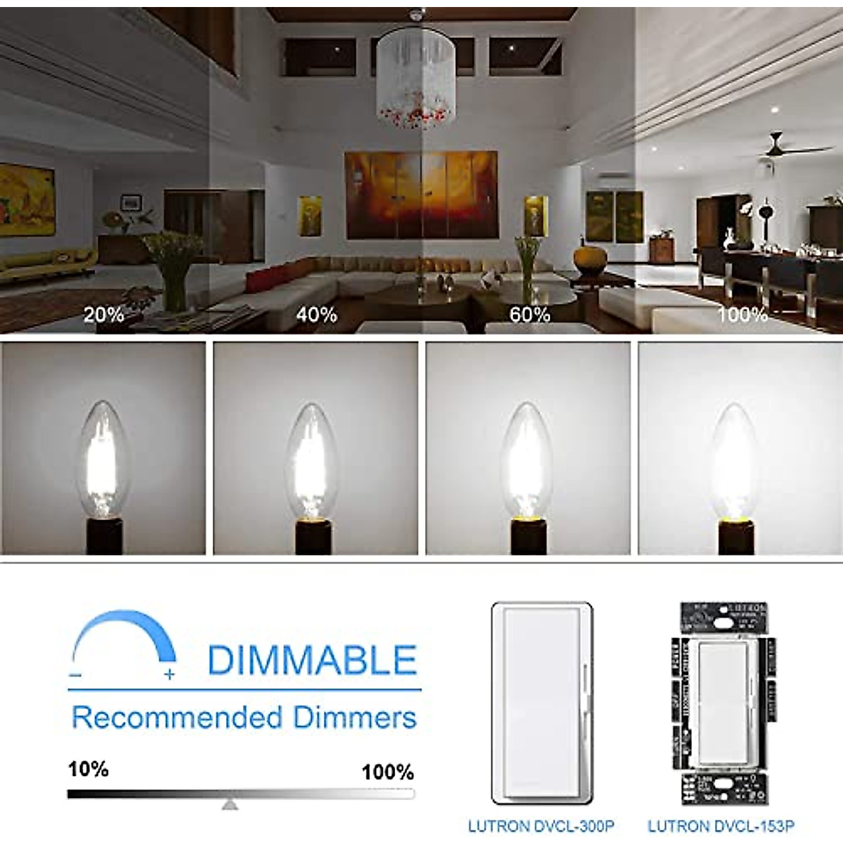 Candelabra LED Bulb, E12 Small Light Bulbs 5000K Daylight Dimmable - 60W Equivalent Ceiling Fan Bulbs Type B Edison Filament Candle Bulbs,Honesorn C35 B11 Clear Glass Chandelier Bulbs 600LM,Pack of 6