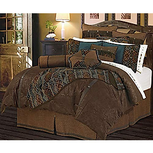 Paseo Road by HiEnd Accents | Del Rio 5 Piece Comforter Set, Super King Size, Blue and Brown Faux Leather, Southwestern Luxury Bedding Set, 1 Comforter, 1 Bed Skirt, 2 Pillow Shams, 1 Accent Pillow