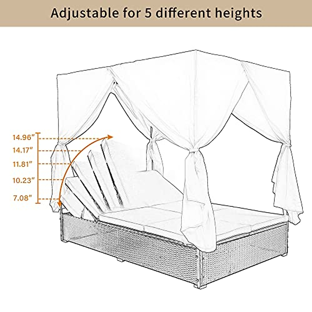 VilroCaz Outdoor Rattan Daybed Patio Wicker Sunbed with Canopy/Overhead Curtains/Cushions, Wicker Patio Sofa Set with Adjustable Seats for Lawn Garden Backyard Poolside (Beige Cushions)