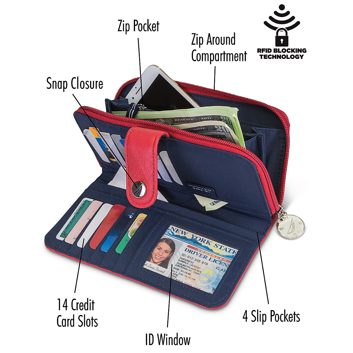 Nautica Be Shore Womens Wallet RFID Blocking Zip Around Clutch (Fuego Red)