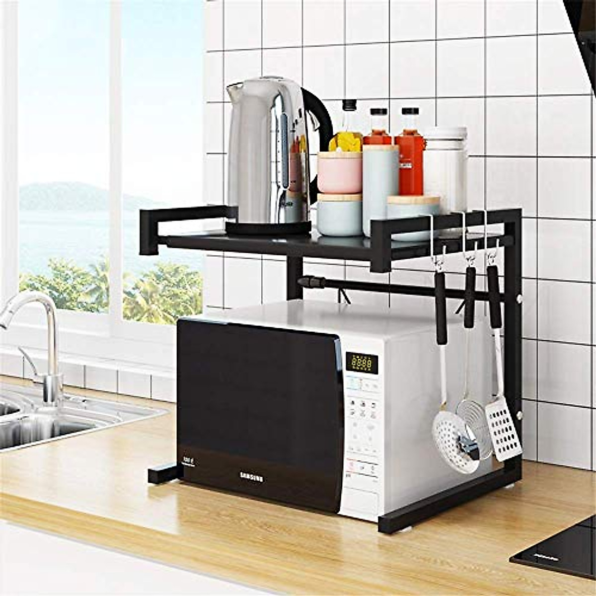 JF-XUAN Kitchen Shelf Kitchen Counter Holder Microwave Oven Rack Expandable Carbon Steel Microwave Shelf Multifunction Kitchen Counter Shelf (Color : Black, Size : 65X36X42CM)
