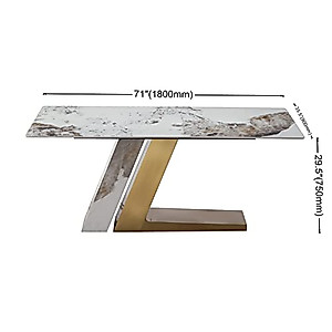 HomSof 71" Contemporary Dining Table Sintered Stone Z Shape Pedestal Base in Gold Finish with 6 pcs Chairs,Gold+White+Black