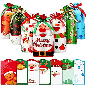 56PCS Christmas Candy Bags Christmas Drawstring Bags with Tags, Christmas Bags Small Goodie Bags Merry Christmas Treat Bags for Xmas Snack Wrapping Wedding Gift Party Favor 7 Styles
