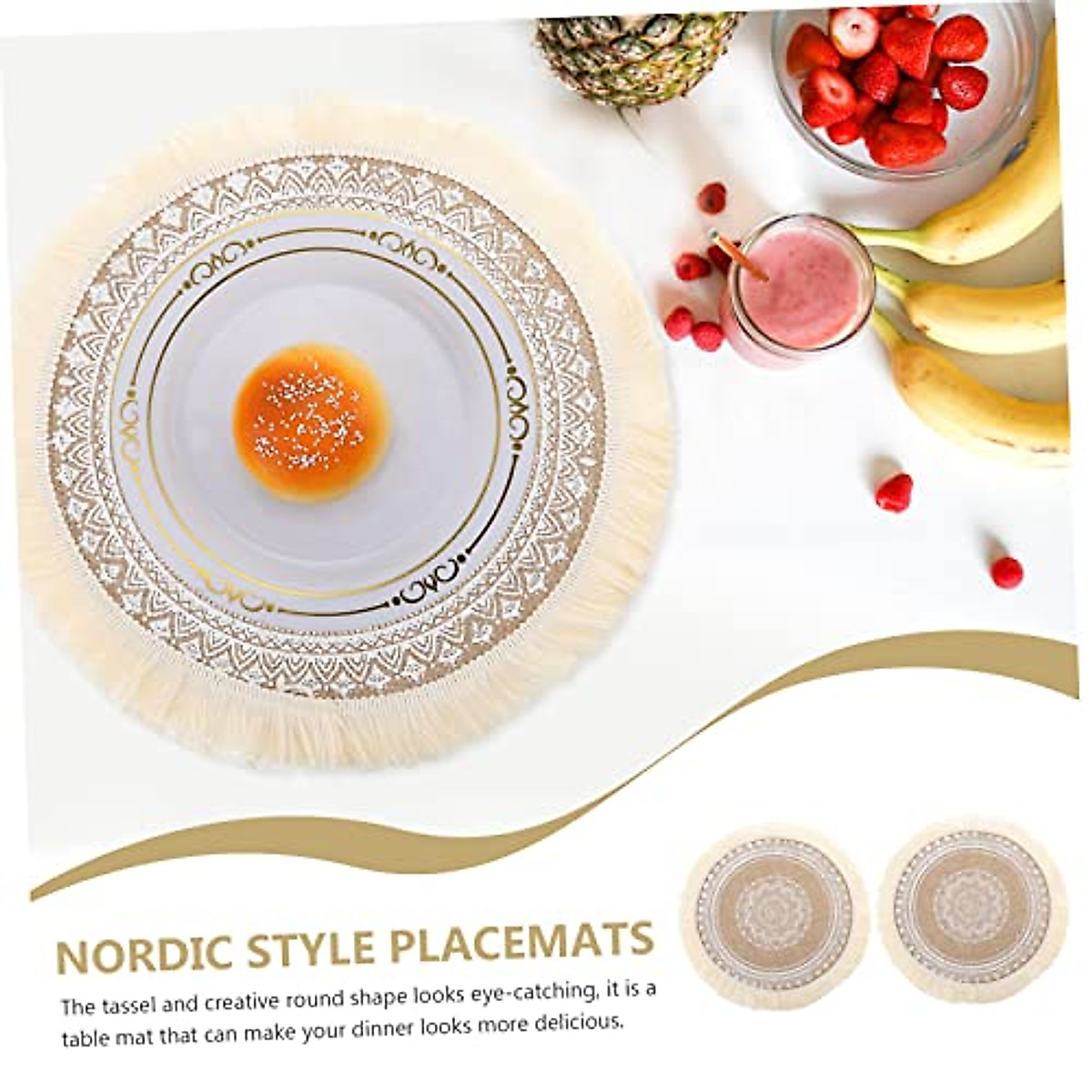 GARVALON 2pcs Tassel Cotton Linen Placemat Jute Placemat Desk Mat for Desktop Nordic Decor Rattan Coaster Pad Rustic Round Kitchen Placemat Personalized Coasters Placemats Tassel Placemats