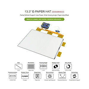 13.3inch e-Paper e-Ink Display HAT for Raspberry Pi Resolution 1600×1200 Black/White 16 Grey Scales USB/SPI / I80 Partial Refresh Support @XYGStudy