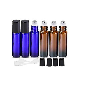 HINNASWA Essential Oil Roller Bottles, Empty Refillable Roll on Glass Bottles, Leak proof Glass Bottle, Stainless Steel Balls for Essential Oil (Amber, Blue)