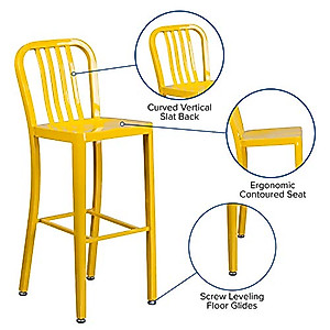 BizChair Commercial Grade 30" H Yellow Metal Indoor-Outdoor Barstool with Slat Back
