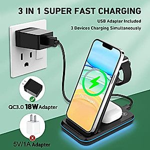 Wireless Charging Station,3 in 1 Fast Wireless Charger Stand Qi-Certified Foldable Charging Stand Dock for iPhone13/12/11/Pro/Max/X/XS, Airpods Pro/3/2/,iWatch Series 2-7 (with Adapter)